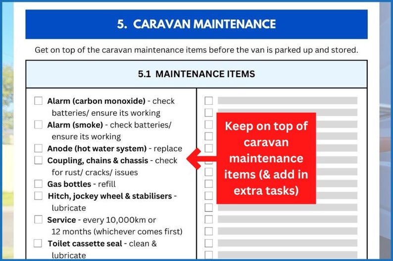 Caravan Storage Checklist Digital RV Storage List Motorhome Maintenance ...