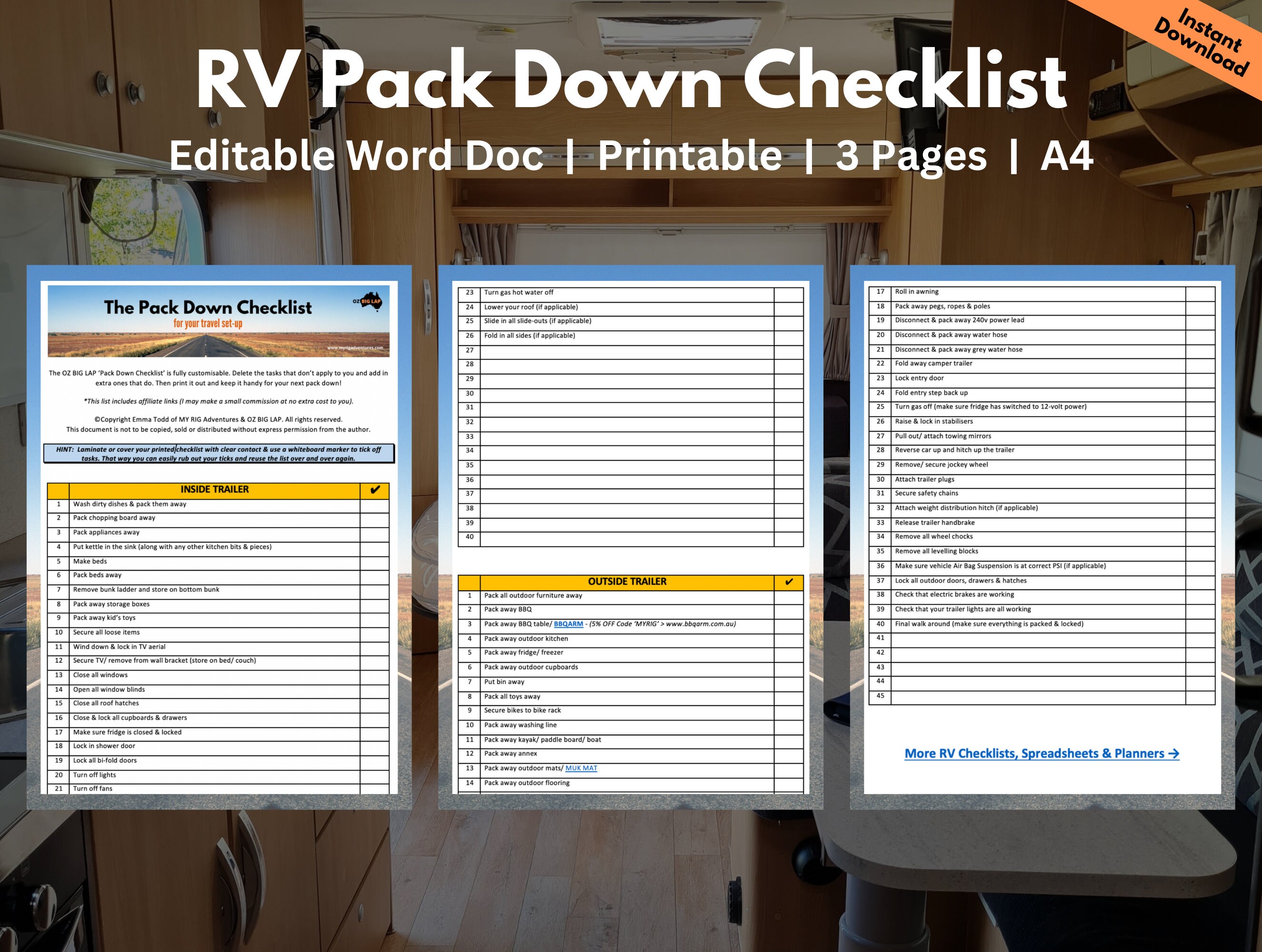 Caravan Pack Down Checklist Printable RV Pre-travel Planner Motorhome ...