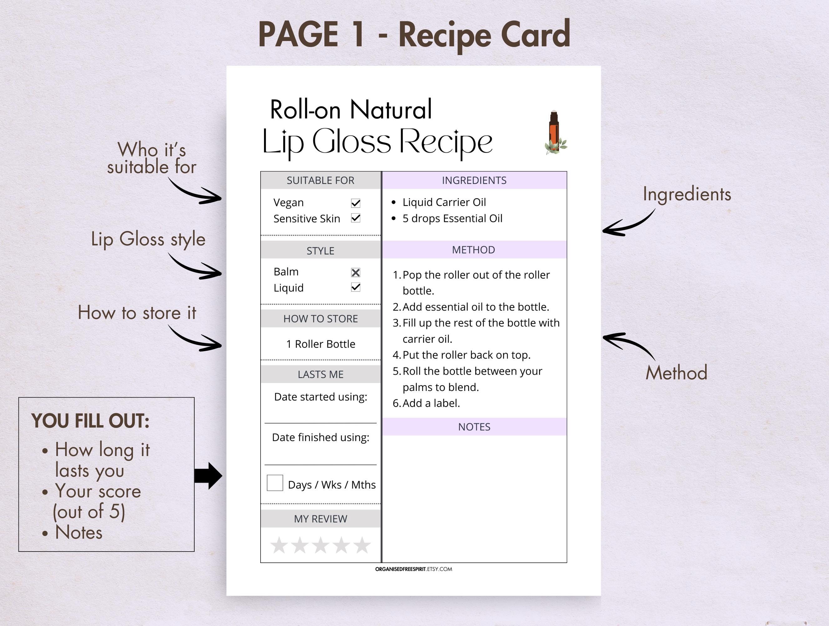 DIY Roll-on Lip Gloss Recipe Printable | Digital Lip Balm Recipe Card ...