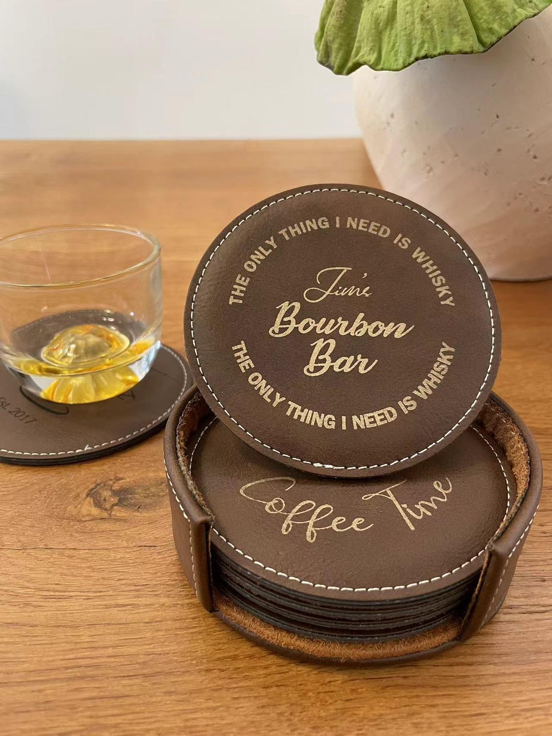 Custom Leather Coaster Set, Personalized Coasters, Set of 6 Leatherette ...