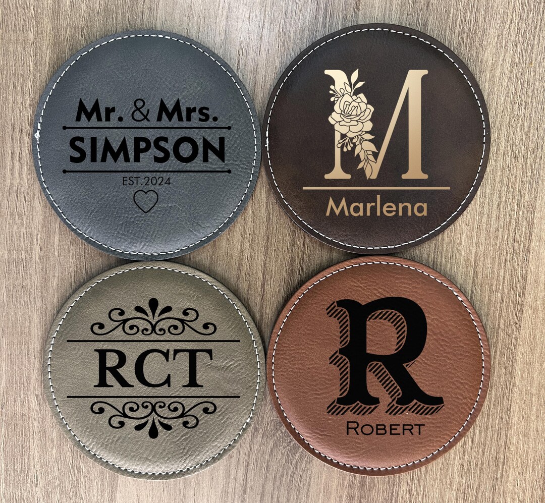 Custom Leather Circle Coasters Set of 6, Monogram Coaster Set, Personalized Coasters, Multiple ...