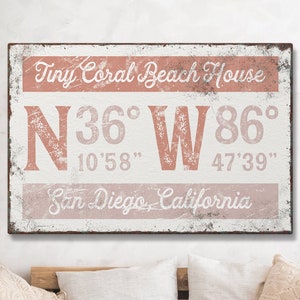Beach House COORDINATES Sign Coral Pink Family Name - Etsy
