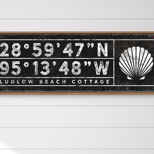 Large BEACH HOUSE Sign With Shell Vintage Coordinates - Etsy