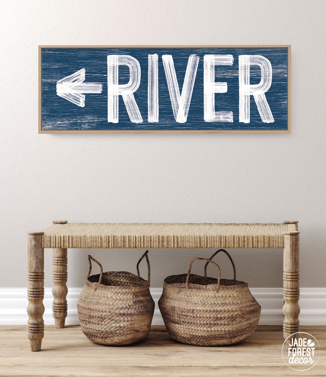Navy RIVER Sign With Arrow > Faux Weathered Wood Print on Canvas, White ...