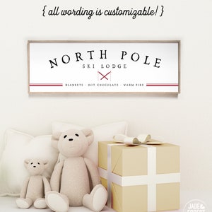 North Pole SKI LODGE Sign > Minimalist White Holiday Decor, Red Skis ...