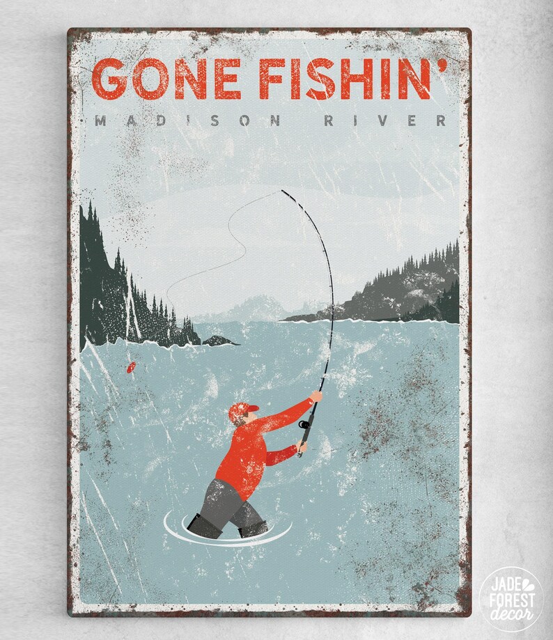 Madison River Fishing Sign - Personalized Rustic Canvas Print - Etsy
