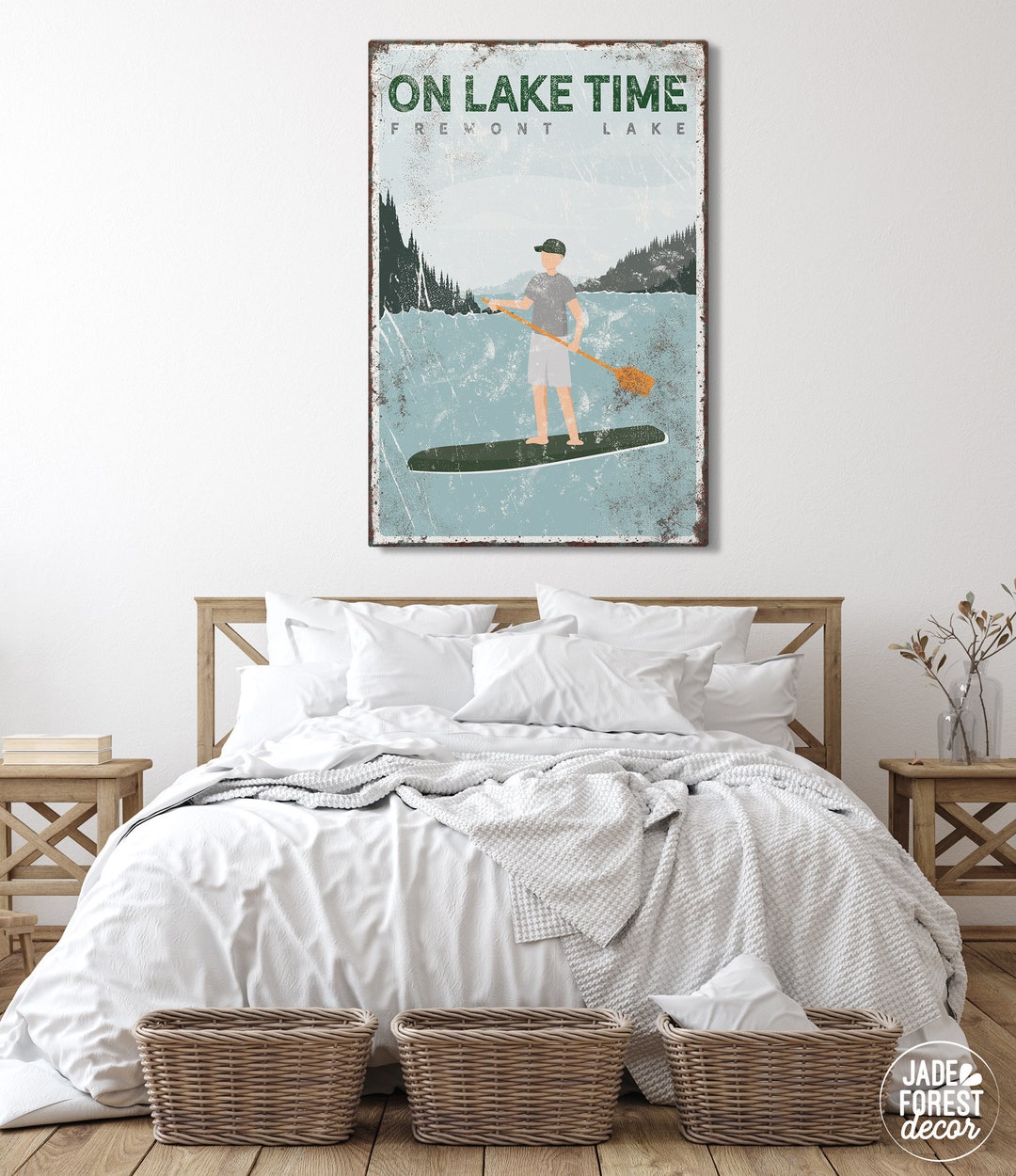 Vintage ON LAKE TIME Sign Forest Green Paddleboard Poster for Above Bed ...