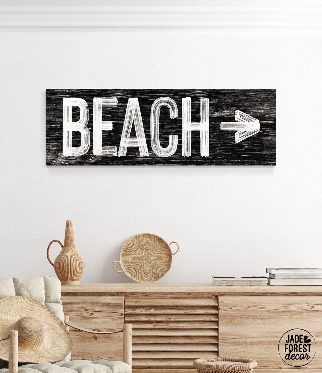 Vintage BEACH Sign With Arrow to Ocean, Distresssed Black Beach House ...