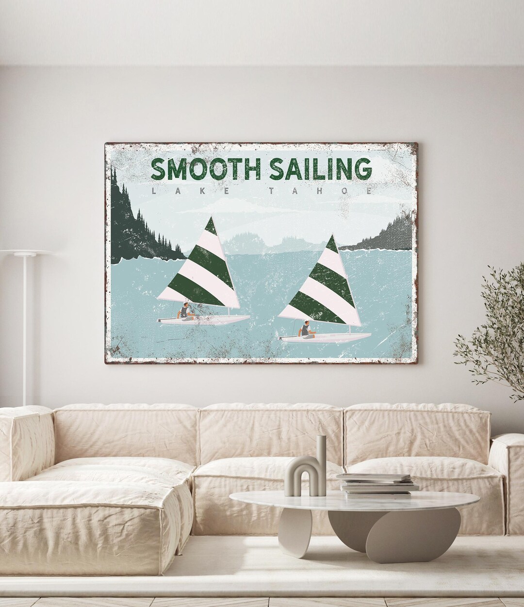 Vintage Lake Sign With Two Sailboats, Custom Lake Tahoe Canvas Print ...