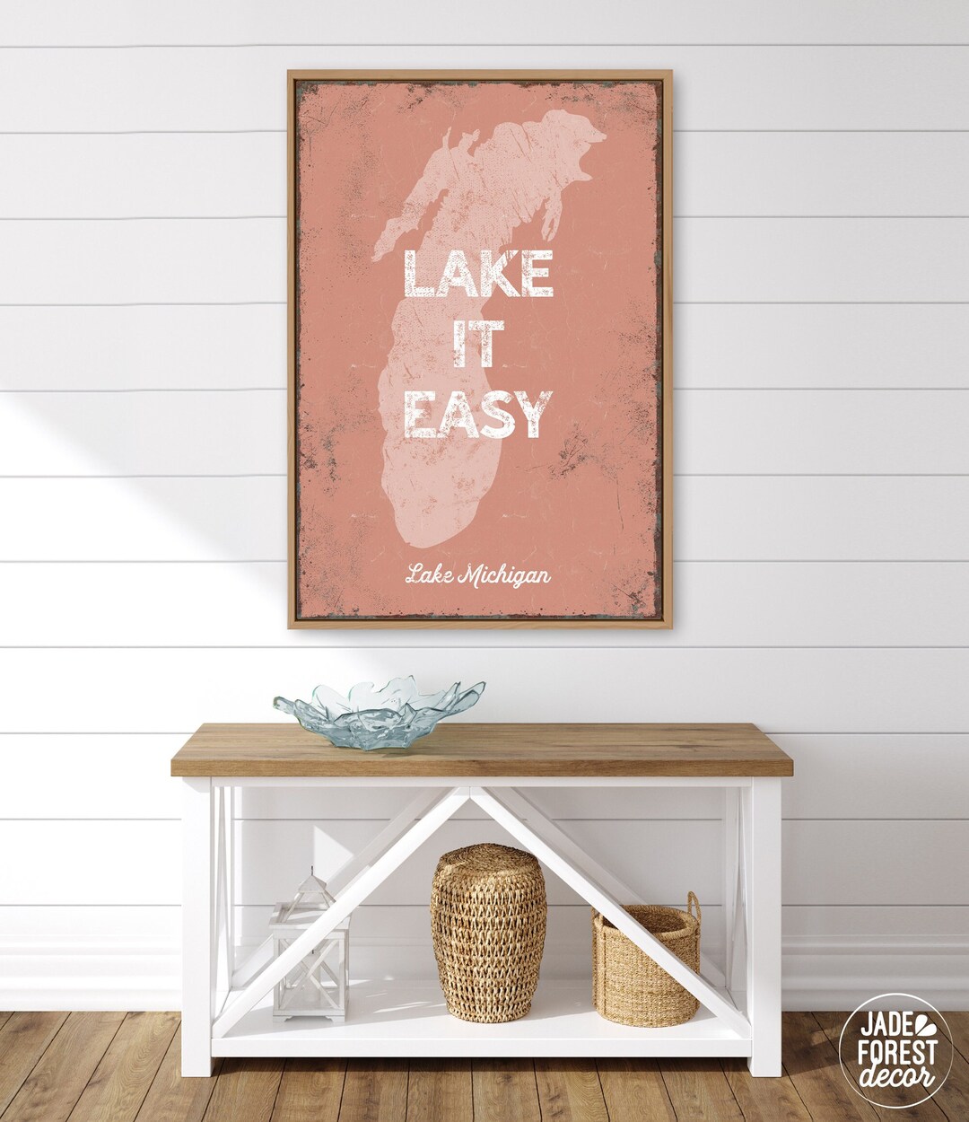 Distressed LAKE IT EASY Sign, Coral and White Lake Michigan Wall Art ...