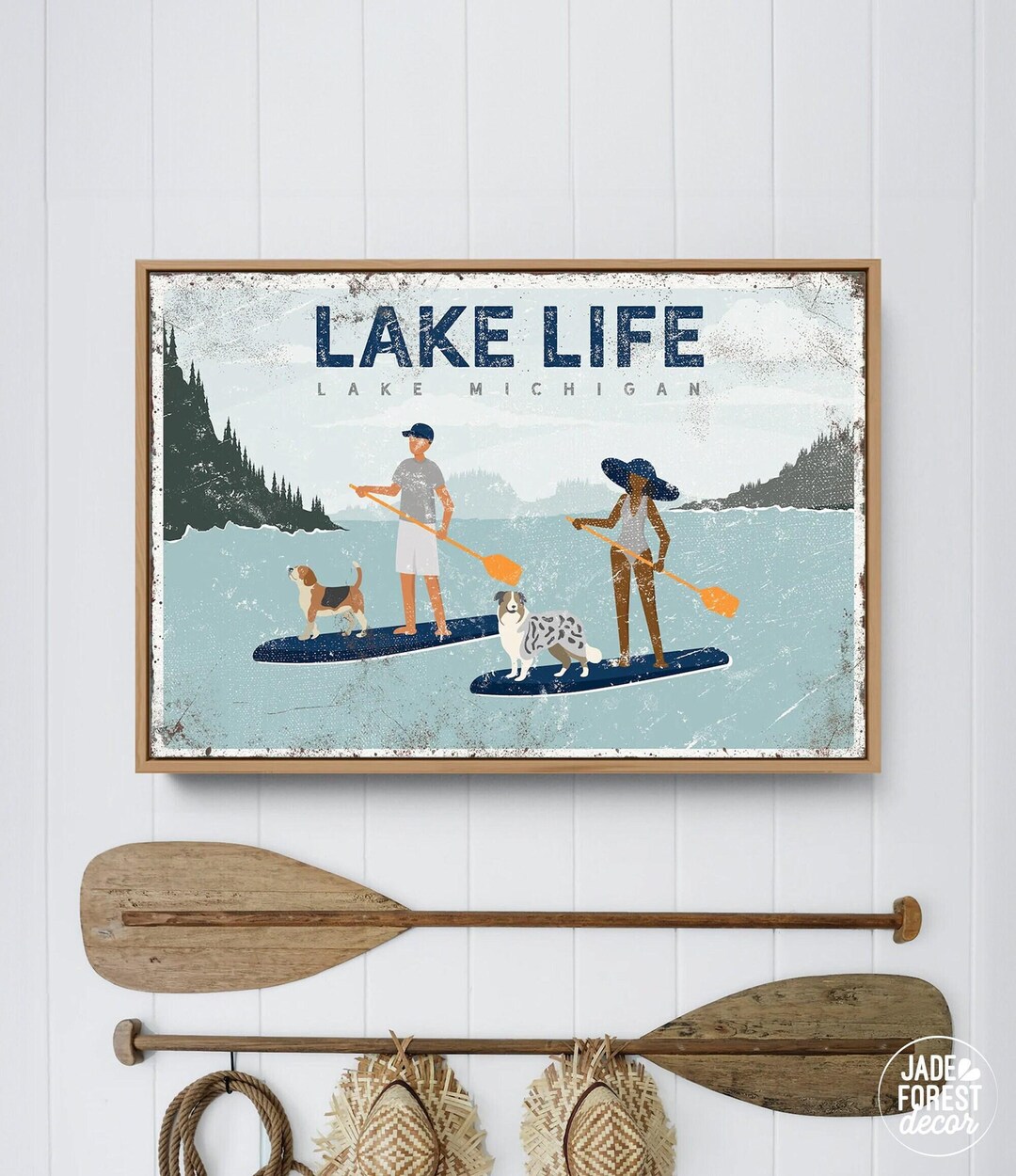 Lake Life Wall Art: Paddleboard Couple With Beagle and Aussie - Navy - Etsy