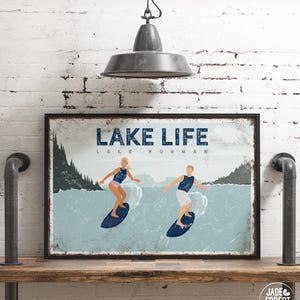 Navy LAKE LIFE Poster for Lake House Decor, Couple Wake Surfing, Wake ...