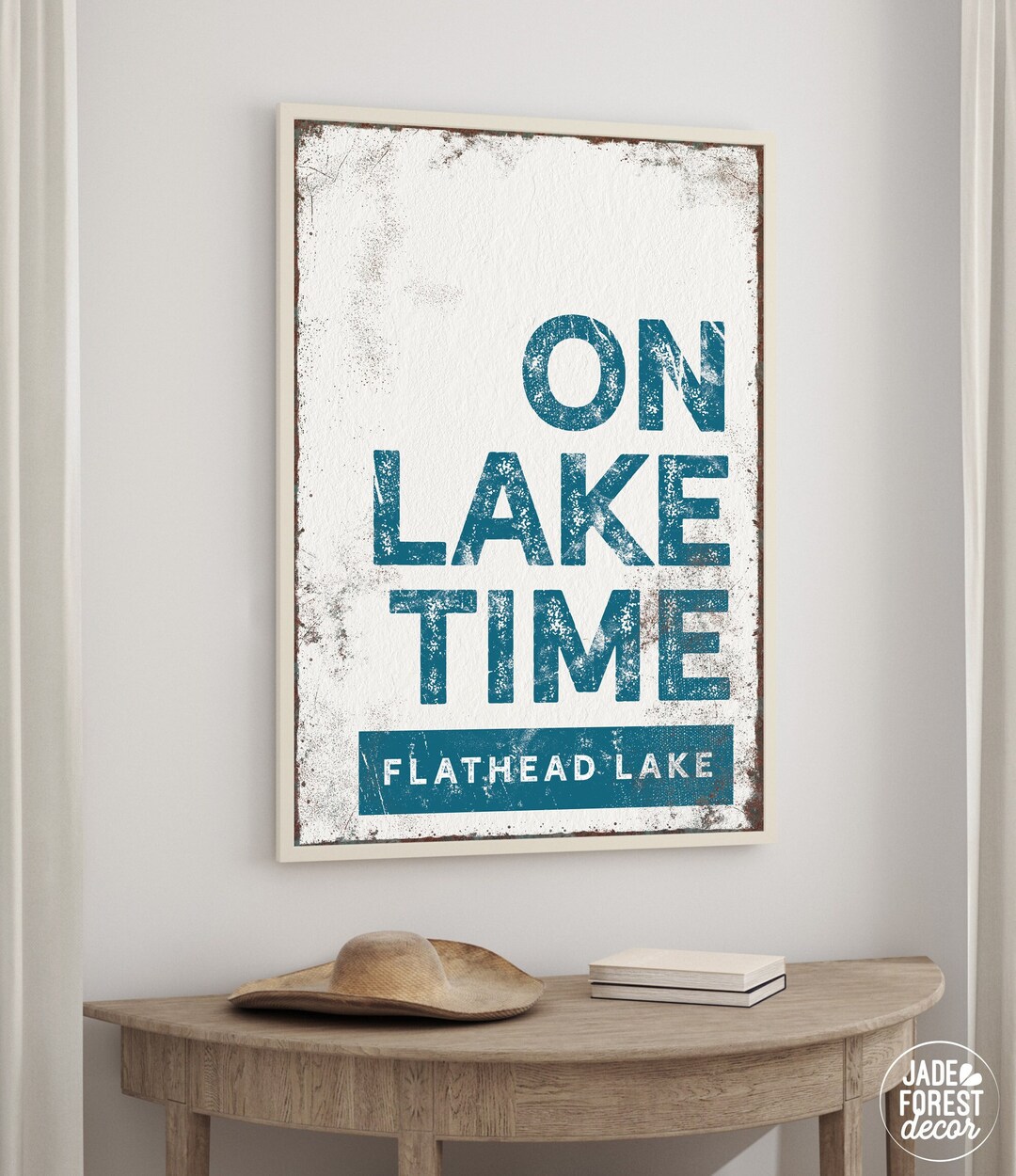 Blue "on LAKE Time" Sign > Vintage Flathead Lake Wall Art for Blue Lake ...