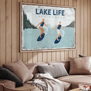 Navy LAKE LIFE Poster for Lake House Decor, Couple Wake Surfing, Wake ...