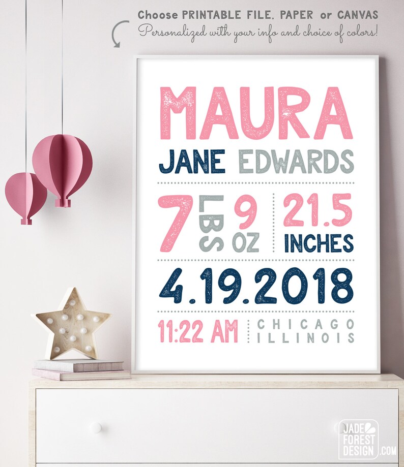 Girl BIRTH STATS SIGN printable or Canvas Poster Baby - Etsy