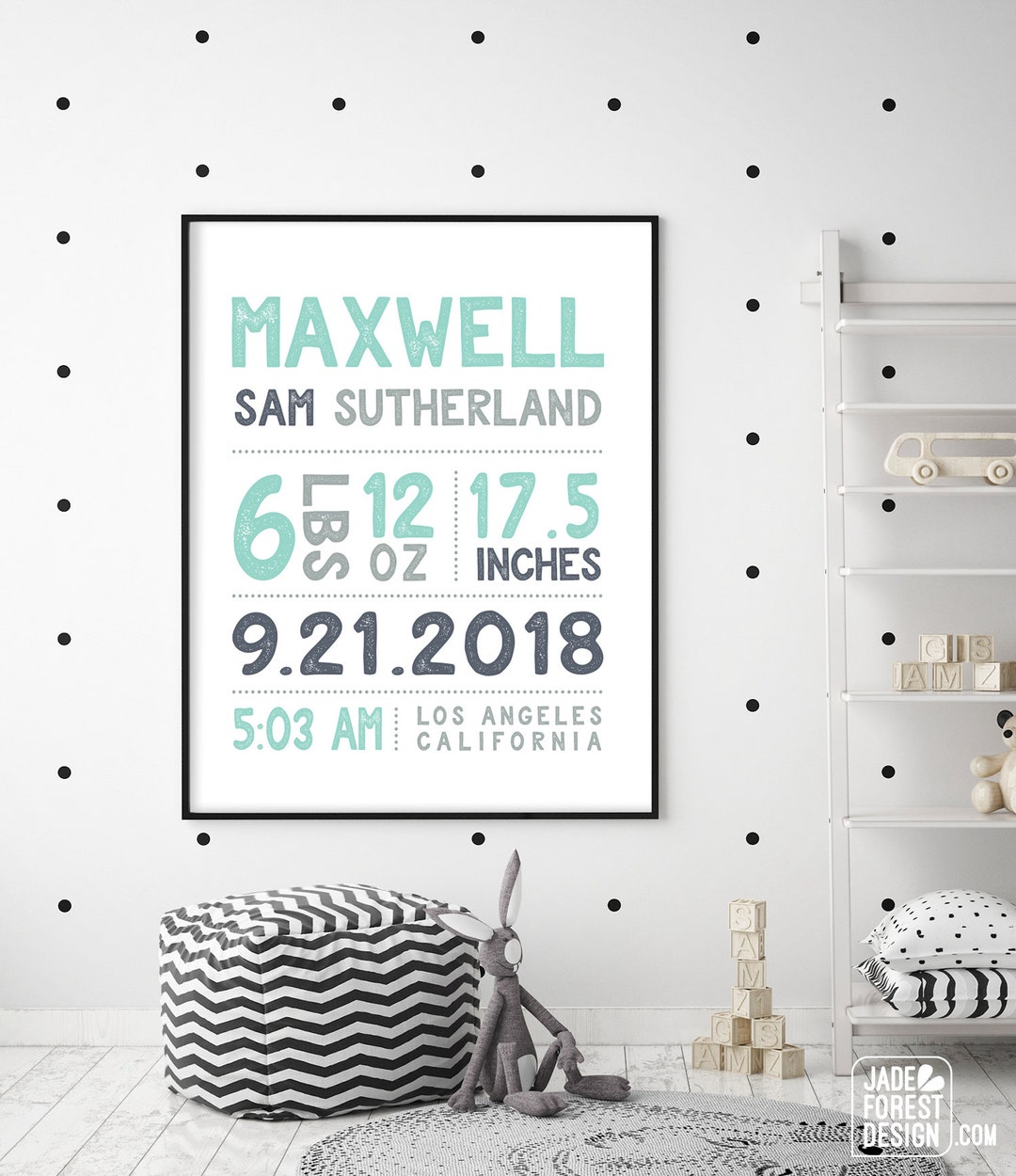 Mint & Gray BIRTH STATS SIGN (canvas or Printable Poster) – Custom Baby ...