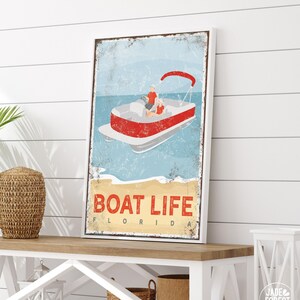 Vintage BOAT LIFE Poster, Custom Beach Sign With Couple on Pontoon Boat ...