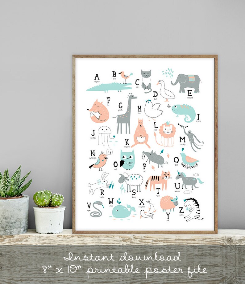Teal and Peach Alphabet Sign / Wall Art Print DIY / Letters, Animal ...