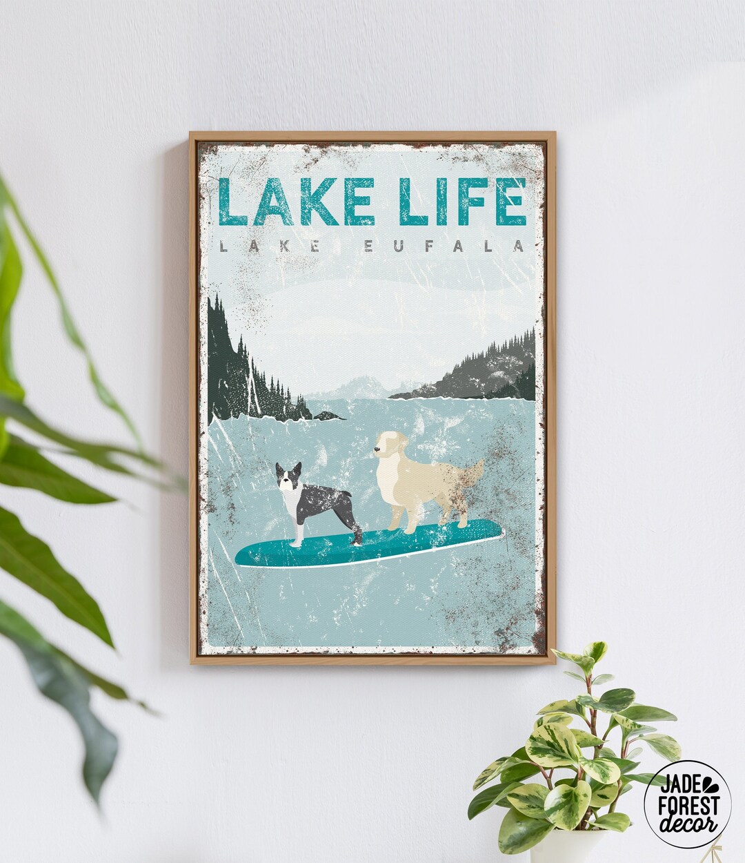 LAKE LIFE Sign With Dogs Paddleboarding, Vintage Lake House Sign With ...