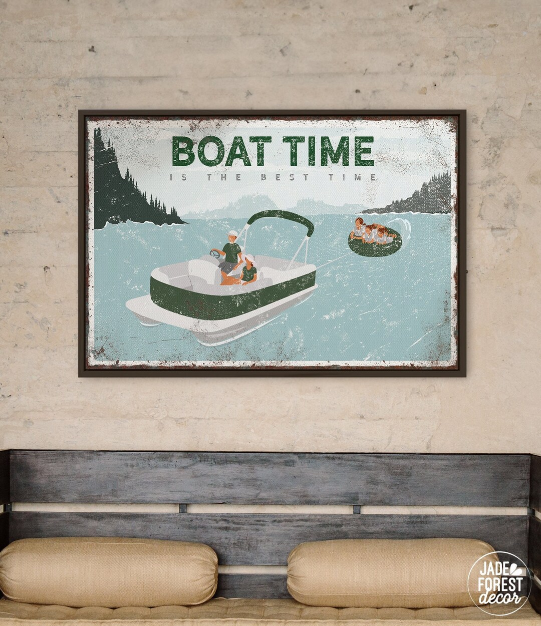 Vintage BOAT TIME Sign, Family of Five on Pontoon Boat, Lake Gift for ...