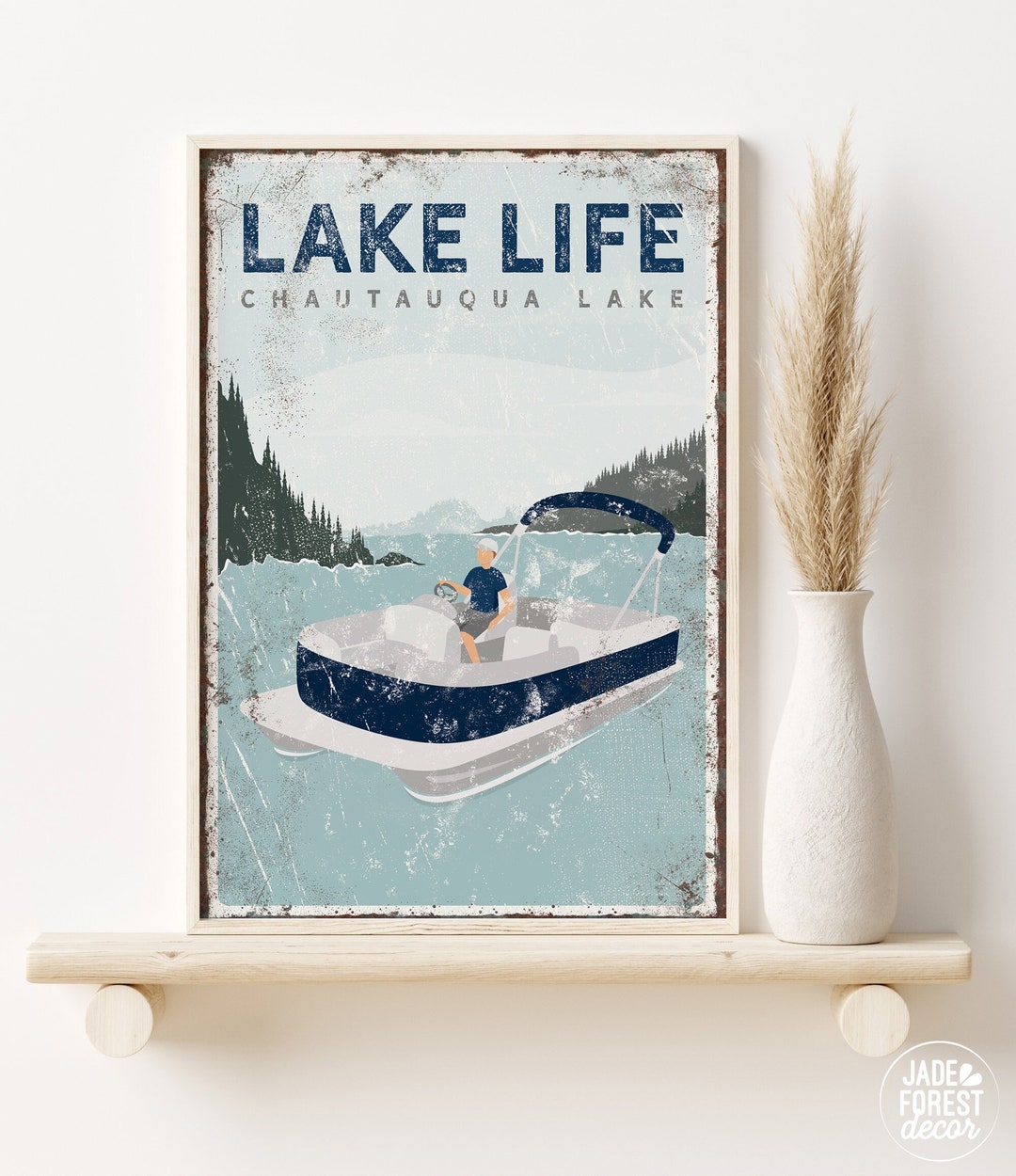 Navy Blue LAKE LIFE Canvas personalized Pontoon Boat Art for Lake House ...