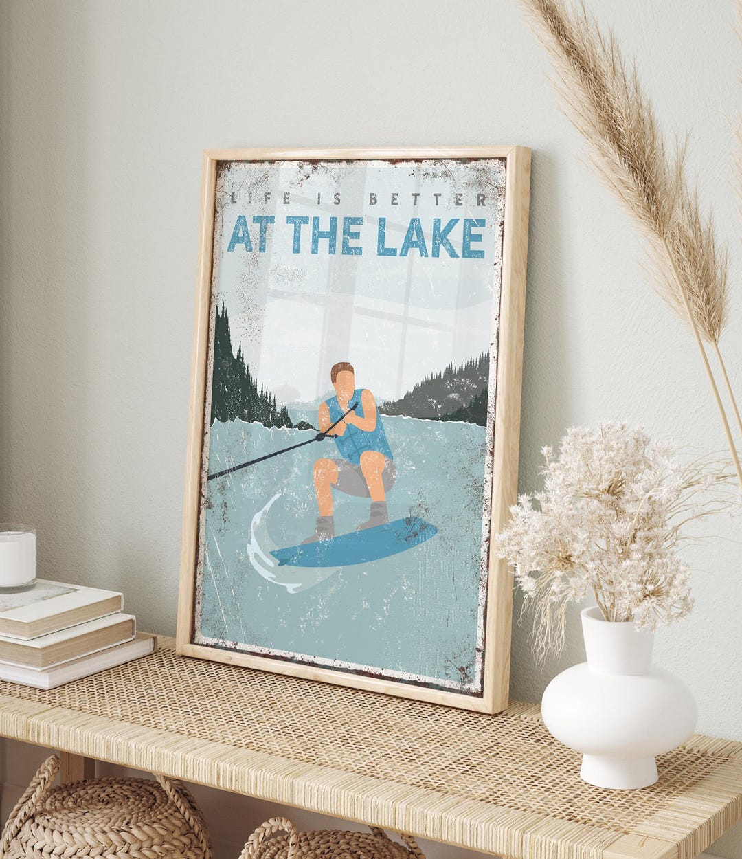 Vintage AT THE LAKE Sign, Wakeboard Gift for Him, Cerulean Lake House ...