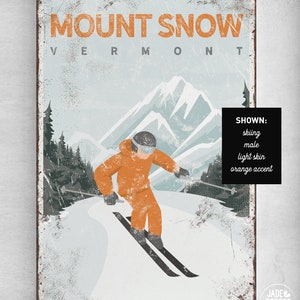 Custom MOUNT SNOW Poster orange Vermont Ski Mountain Wall Art vintage ...