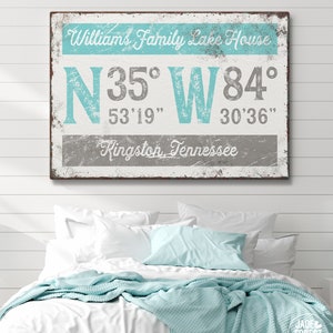 Nautical COORDINATES Sign > Distressed Blue Last Name Canvas ...