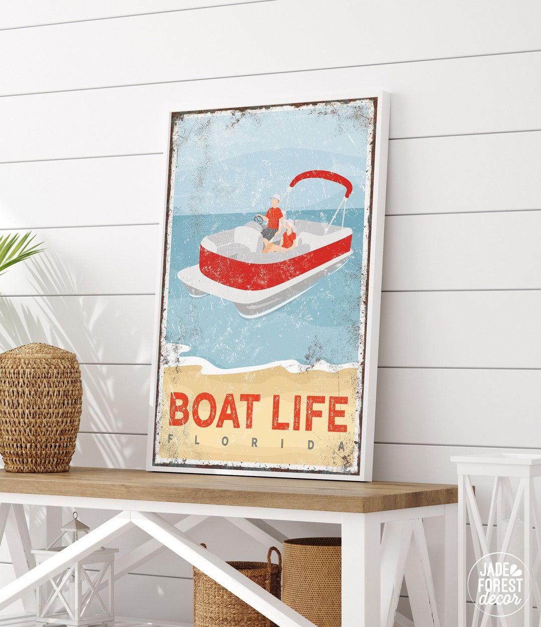 Vintage BOAT LIFE Poster, Custom Beach Sign With Couple on Pontoon Boat ...