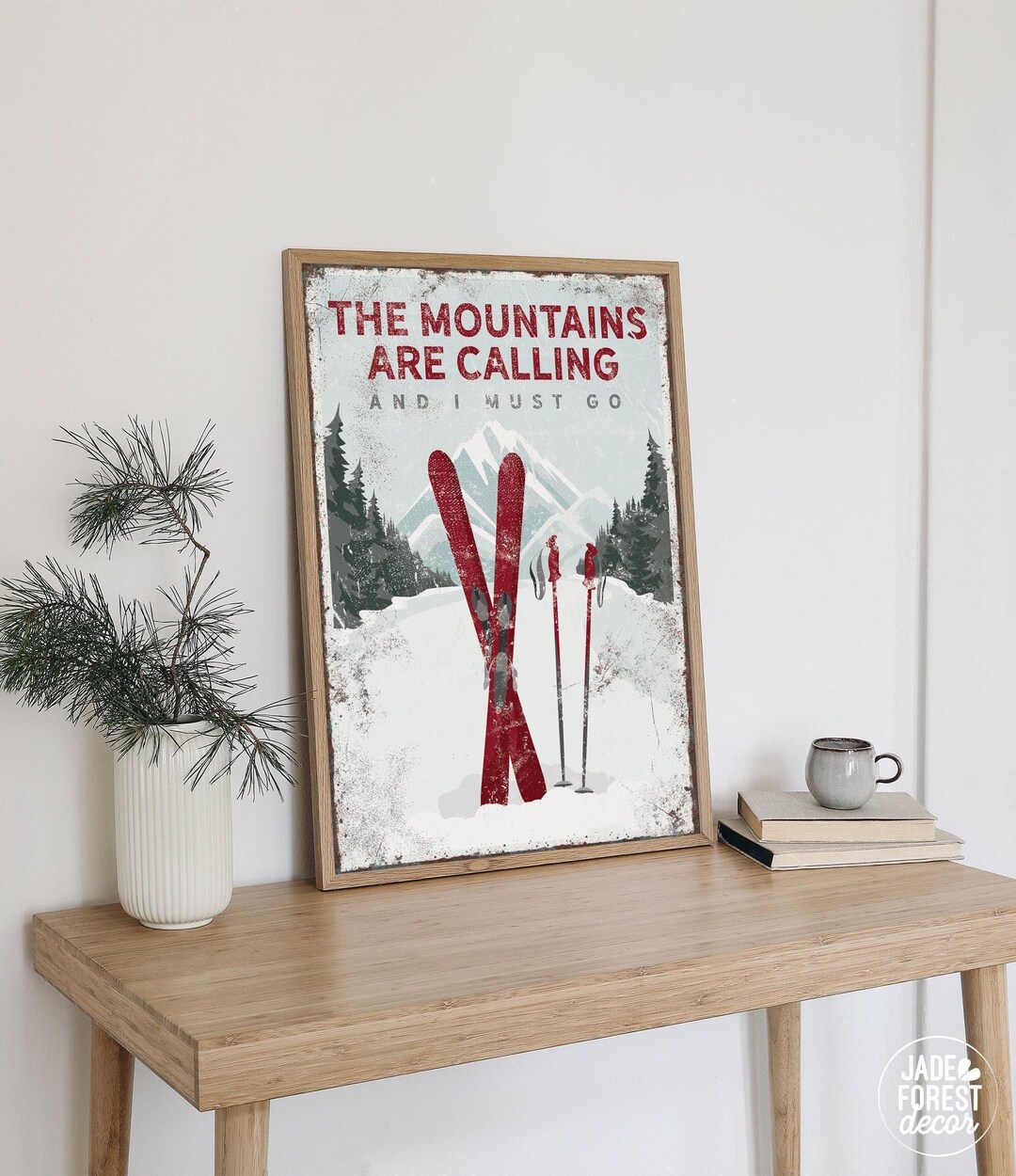 The MOUNTAINS ARE CALLING Poster, Custom Ski Mountain Wall Art, Maroon ...