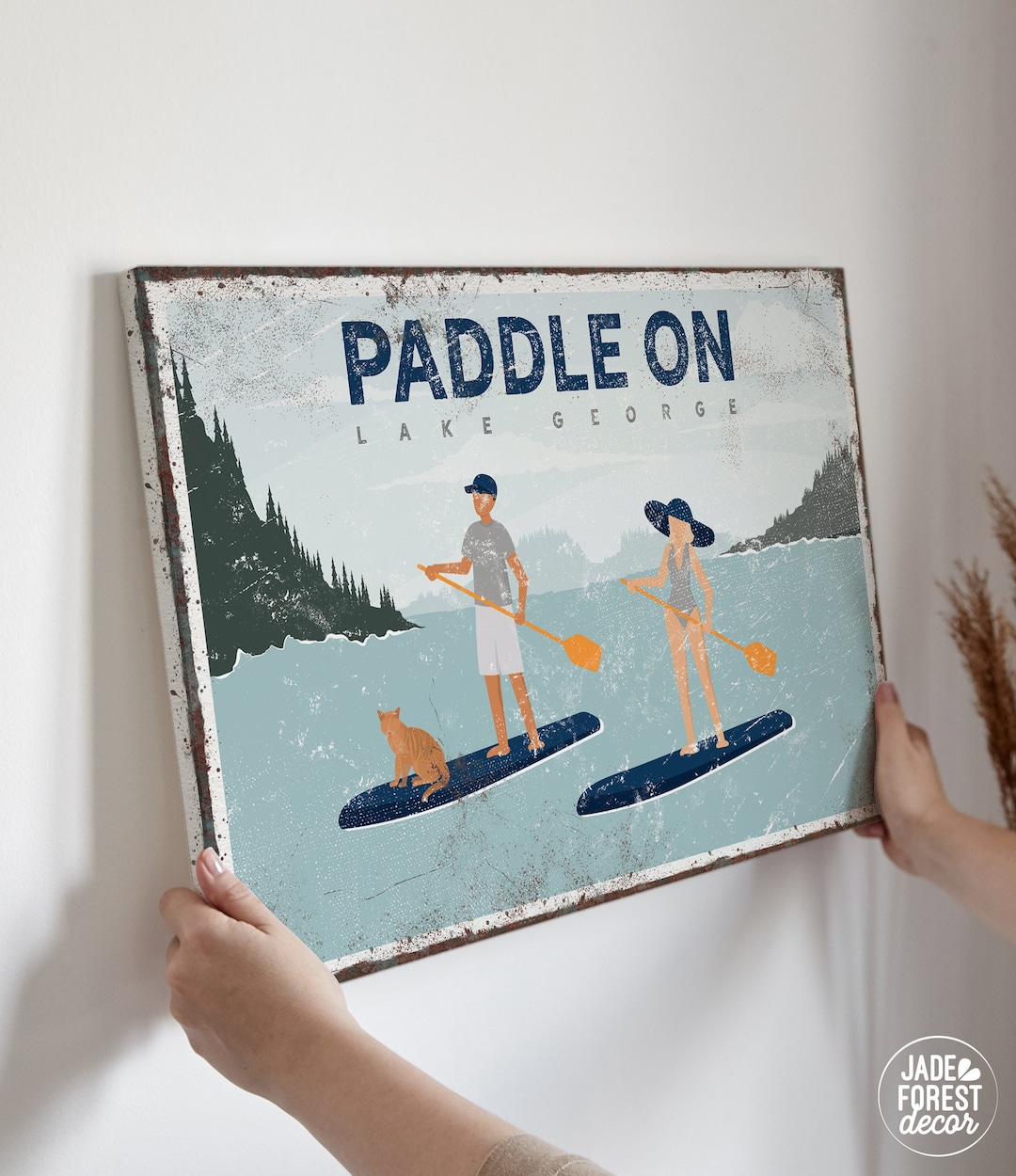 Navy PADDLE ON Lake Sign, Couple Paddleboarding With Cat, Personalized ...