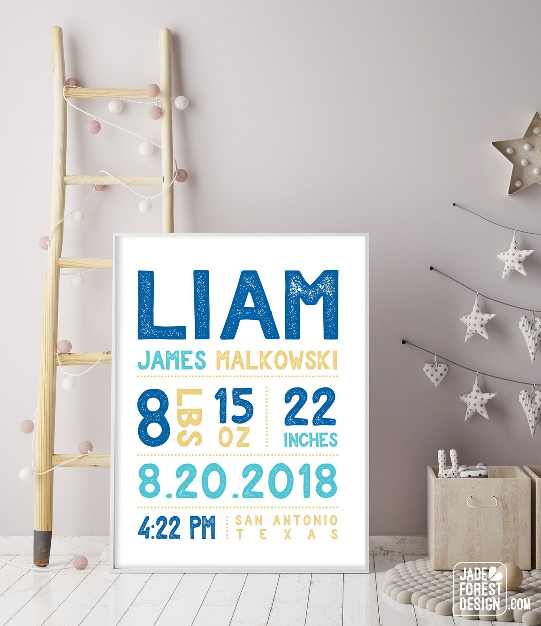 Blue & Yellow BIRTH STATS SIGN (printable or Canvas Poster) – Custom ...