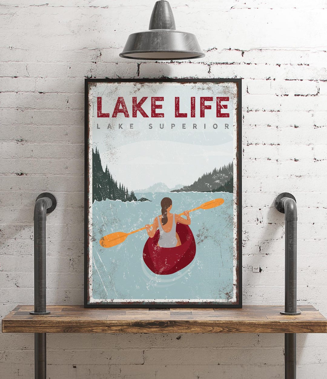 Vintage Lake Life Poster, Woman Kayaking Lake Print, Maroon Retro Decor ...
