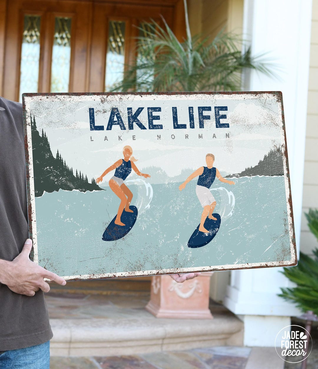 Navy LAKE LIFE Poster for Lake House Decor, Couple Wake Surfing, Wake ...