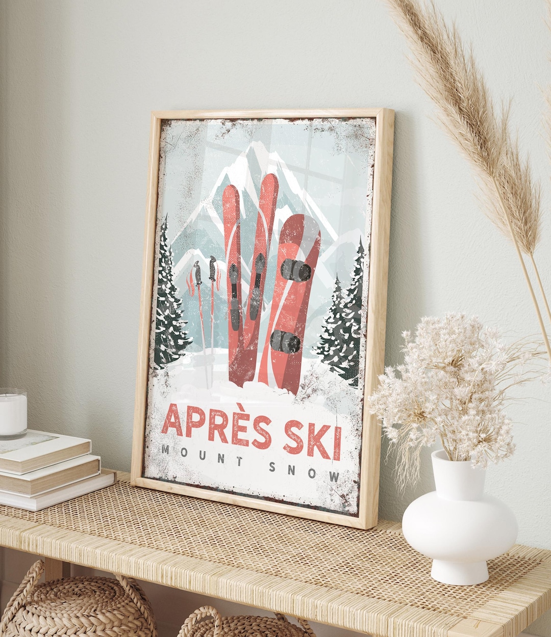 Vintage Apres Ski Poster in Coral, Mount Snow Vermont, Ski Lift and ...