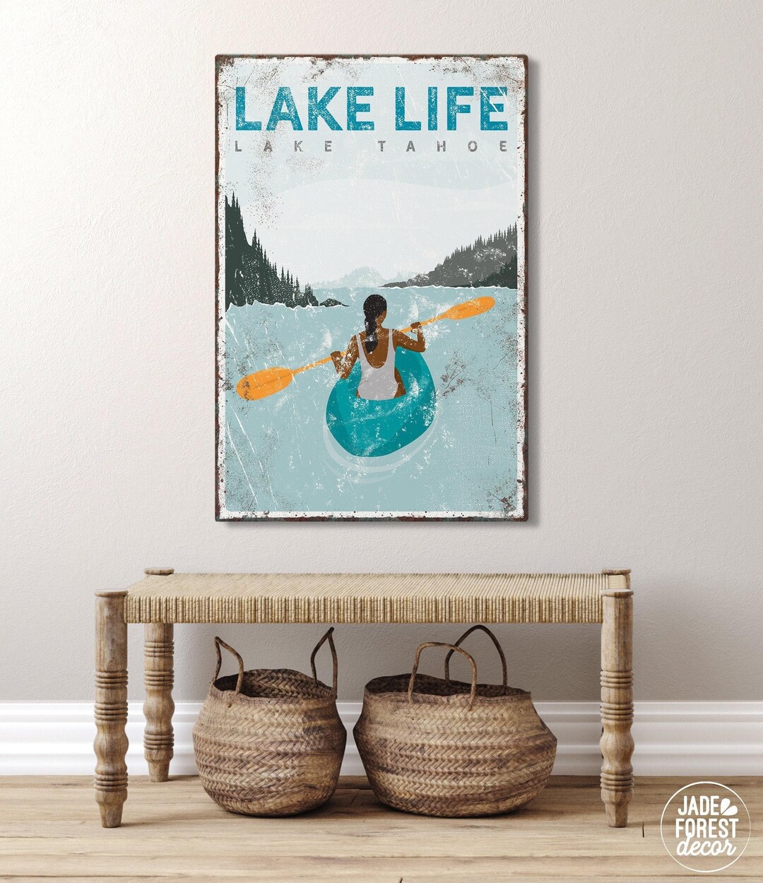 Vintage LAKE LIFE Sign > Teal Kayak Poster for Vintage Lake House Decor ...