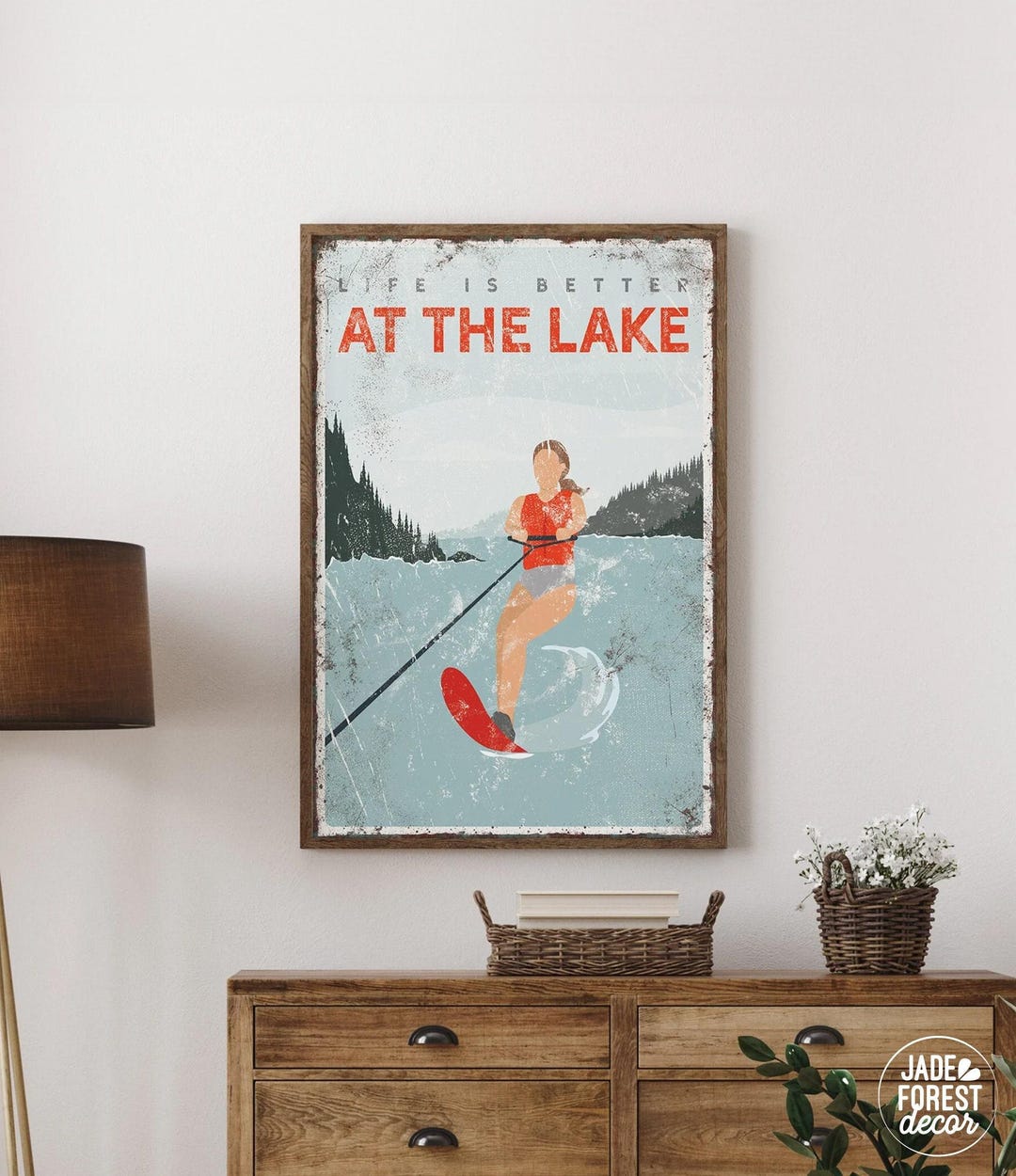 Vintage AT THE LAKE Sign > Personalized Water Skiing Poster for Lake ...