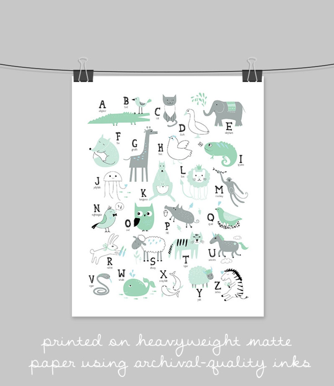 Mint Alphabet Sign / Wall Art Print / Letters, Animal ALPHABET Poster ...