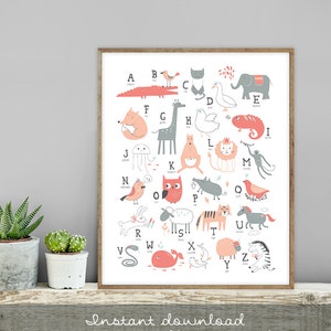 Teal and Peach Alphabet Sign / Wall Art Print DIY / Letters, Animal ...