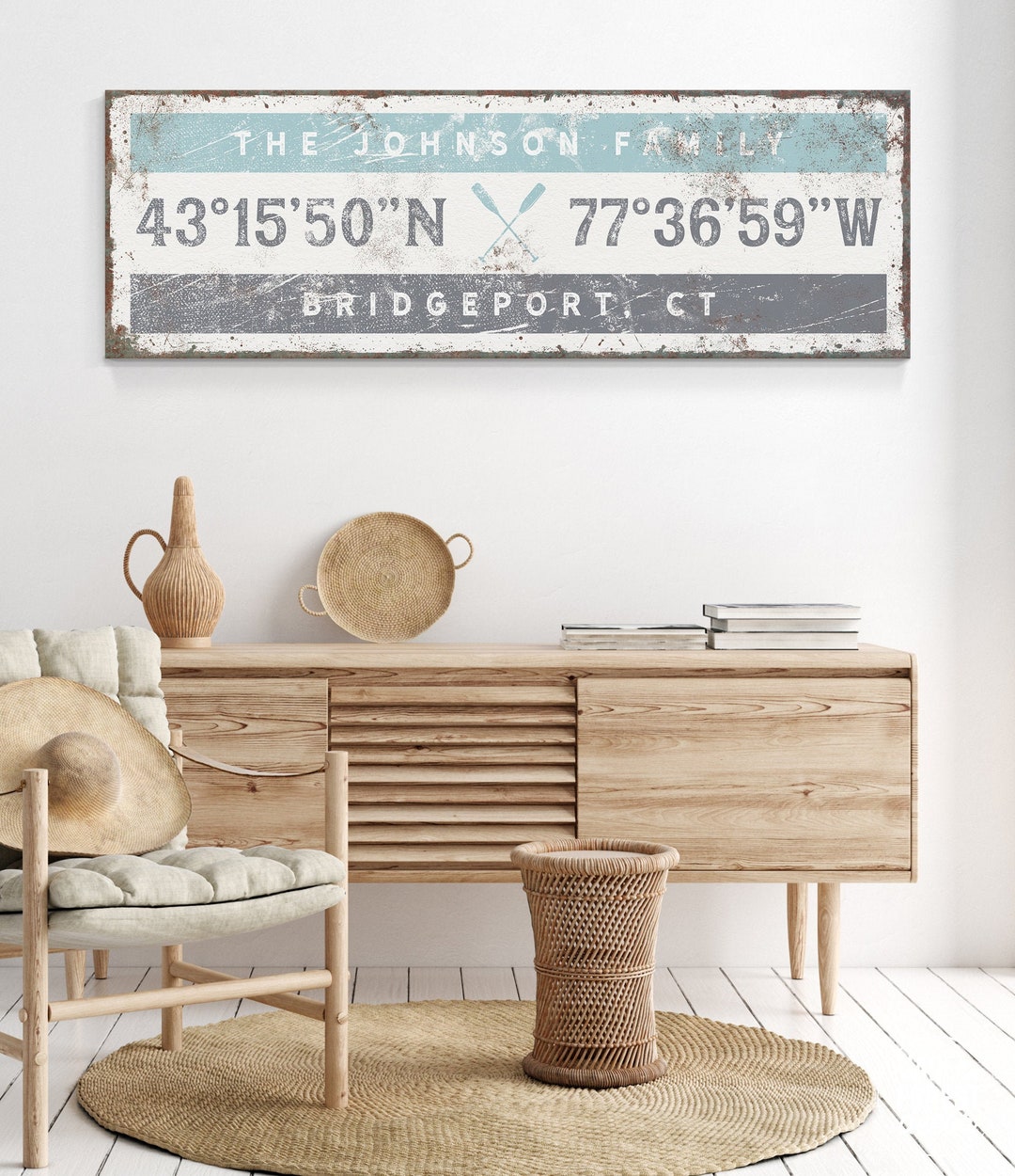 Nautical COORDINATES Sign Vintage Art Print Old, Boat Oars, Gray Blue ...