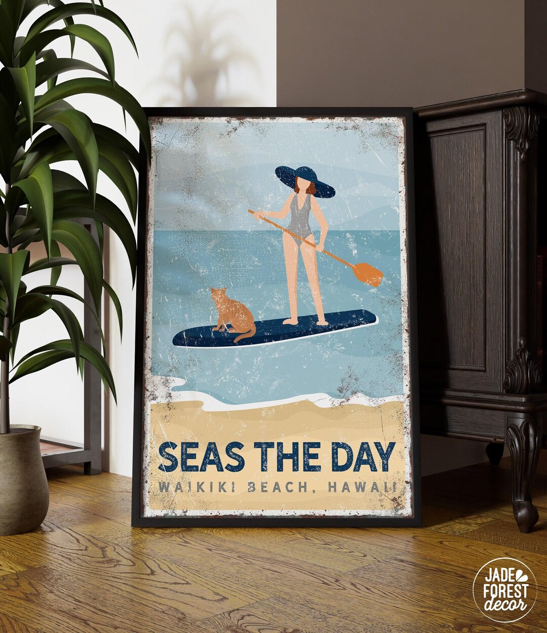 Navy PADDLEBOARD Sign, Woman Paddleboarding Sign With Cat, Waikiki ...
