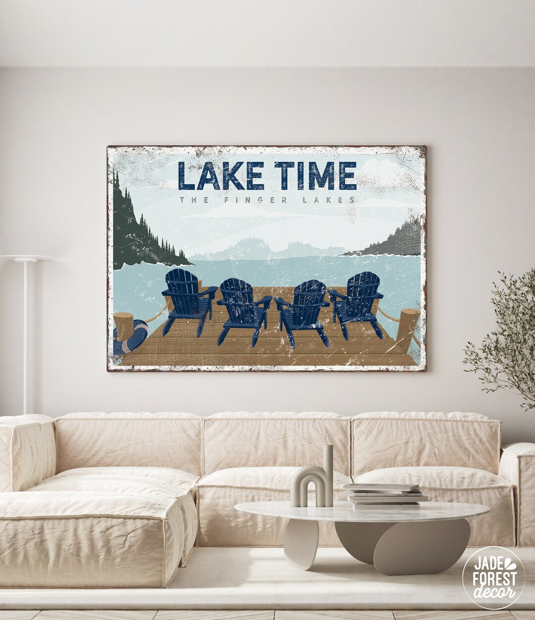 Navy LAKE TIME Sign, Four Blue Adirondack Chairs, Custom Lake House ...