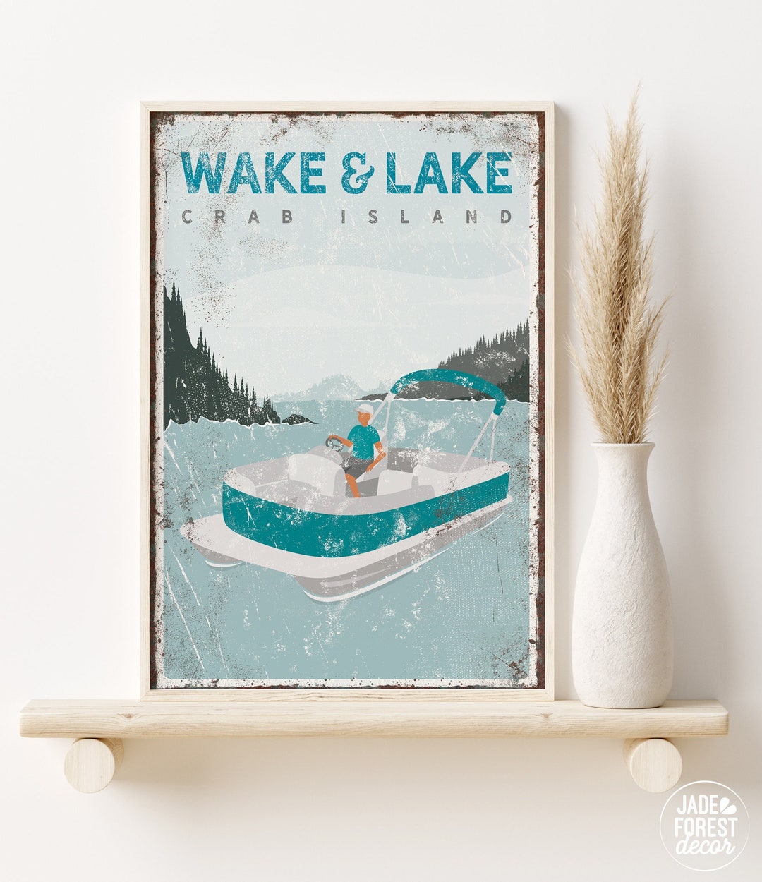 Vintage PONTOON BOAT Poster, Custom Lake House Wall Decor, Wake and ...