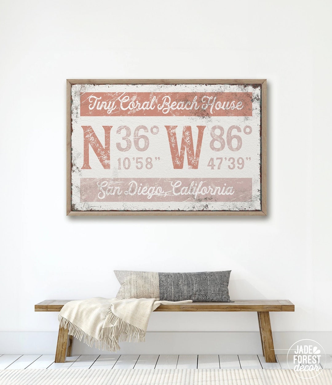 Beach House COORDINATES Sign > Coral Pink Family Name Print, Beachy ...