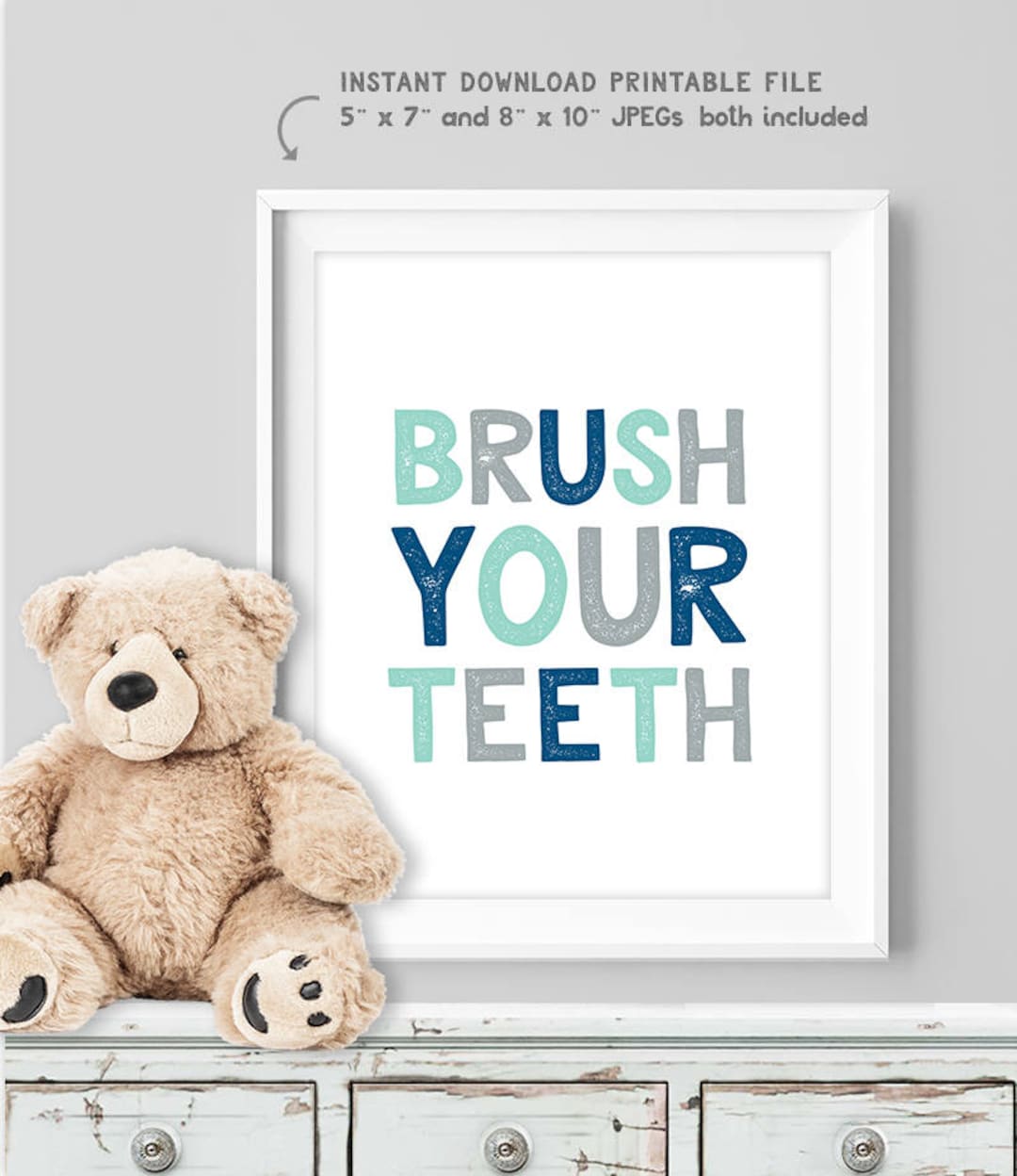 Brush Your Teeth Poster / Wall Art Print DIY / Bathroom Sign, NAVY MINT ...