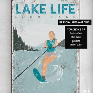 Vintage WAKE & LAKE Sign > Personalized Water Skiing Poster for Lake ...