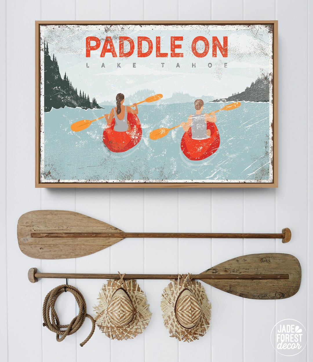 Red PADDLE ON Sign With a Couple Kayaking, Vintage Lake Tahoe Canvas ...