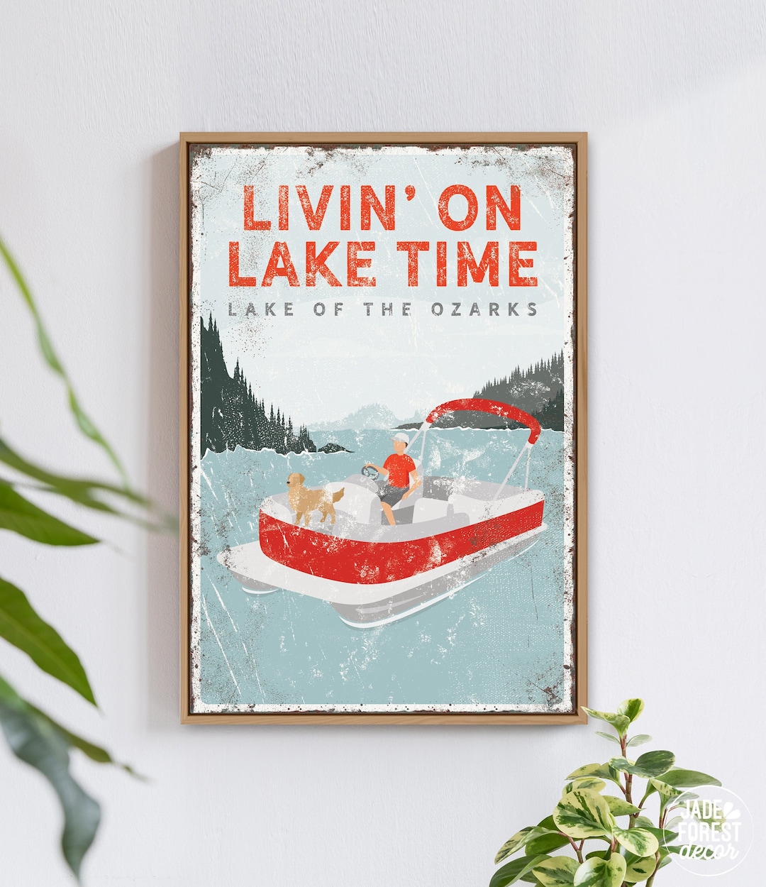 Vintage Livin on Lake Time Sign, Red PONTOON Boat Art, Man With Golden ...