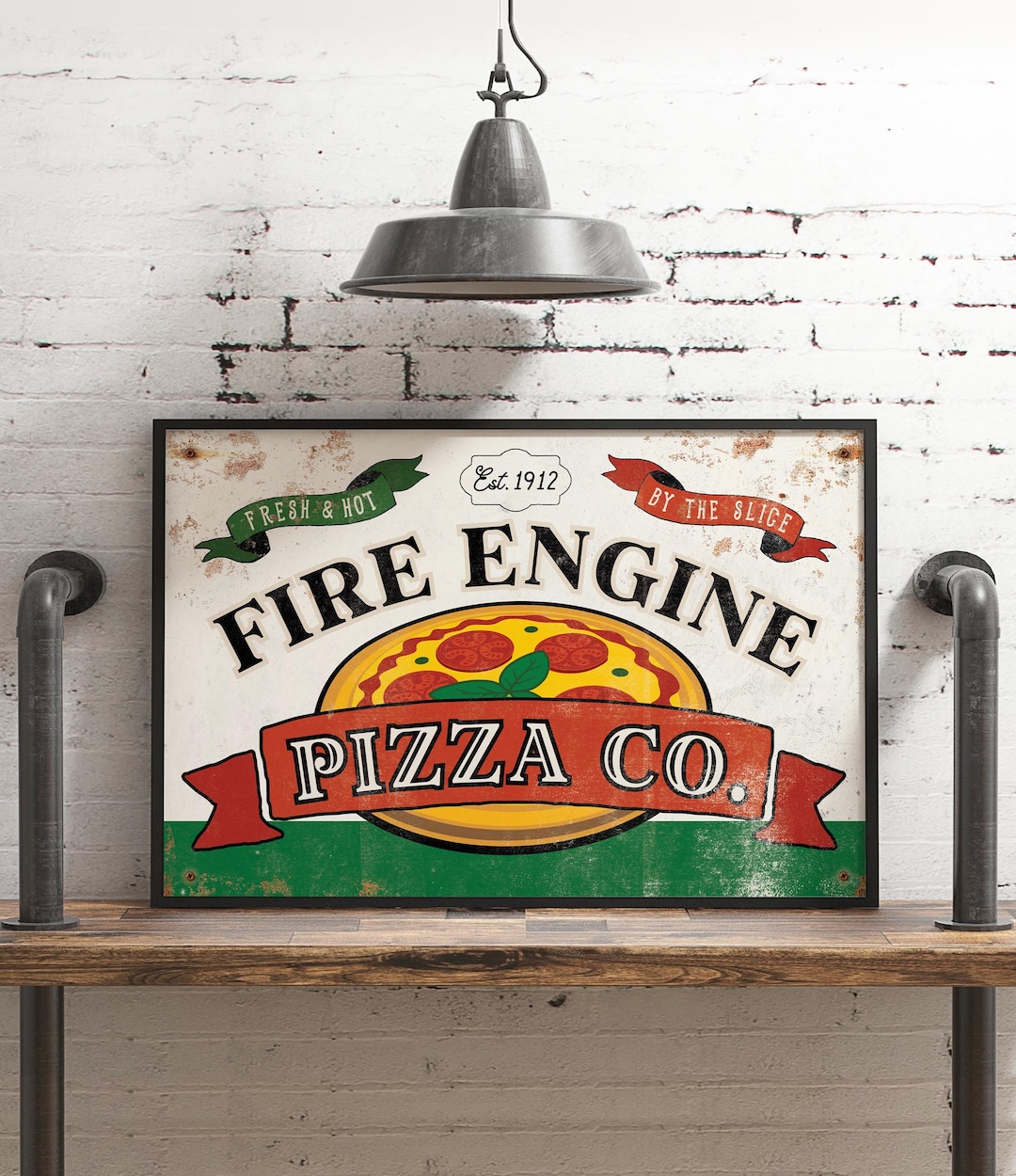 Fire Engine Pizza Company Sign, Rustic Pizza Logo, Personalized Art ...
