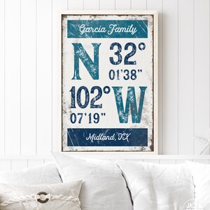 Blue & Green Latitude Longitude Sign > Custom COORDINATES Art Print ...